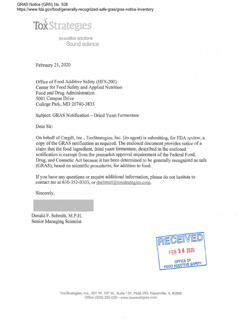 GRAS Notice GRN 928 Dried Yeast Fermentate | PDF | Yeast | Science ...