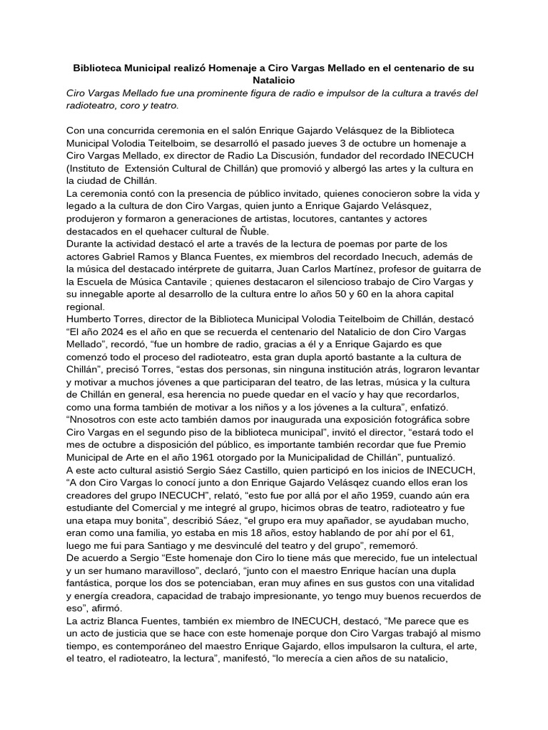 Biblioteca Municipal Realizó Homenaje A Ciro Vargas Mellado en El Centenario de Su Natalicio | PDF