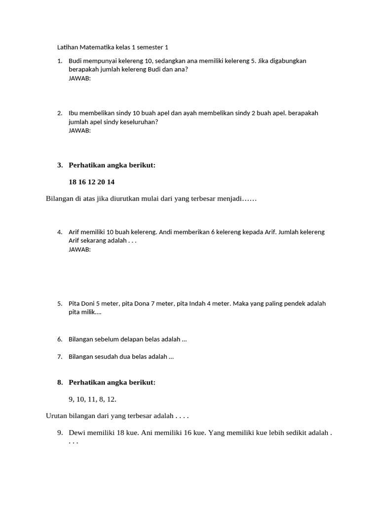 Latihan Matematika Kelas 1 Semester 1 Pdf
