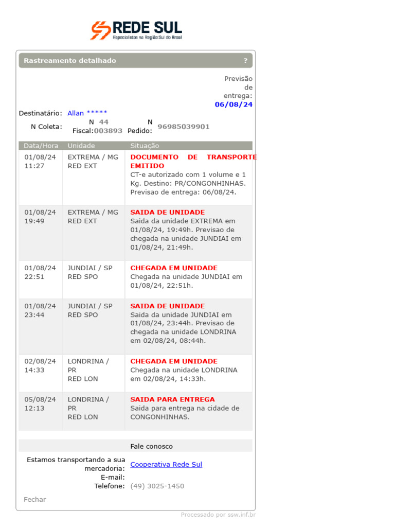 Rastreamento Detalhado - SSW Sistemas 2 | PDF
