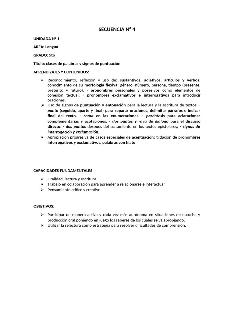 Secuencia 4 5to Clases de Palabras y Signos Corregida Caro | PDF