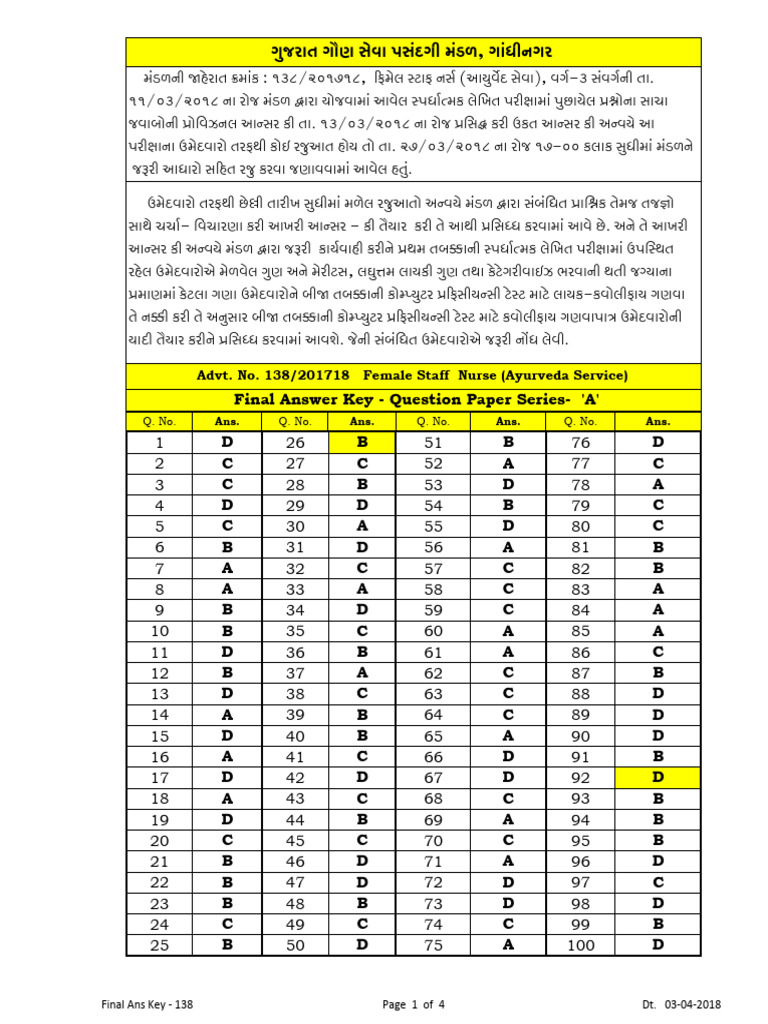 GSSSB Nurse Exam Answer Key | PDF