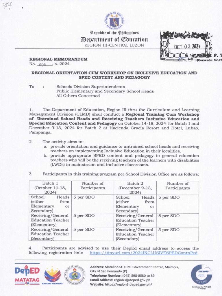 RM No. 696 S.2024 Regional Orientation Cum Workshop On Inclusive Education and Sped Content and ...