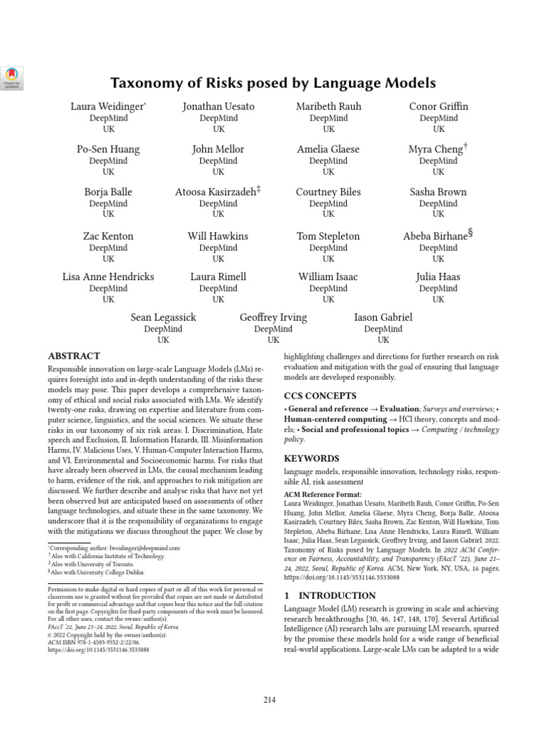 Taxonomy of Risks posed by Language Models | PDF