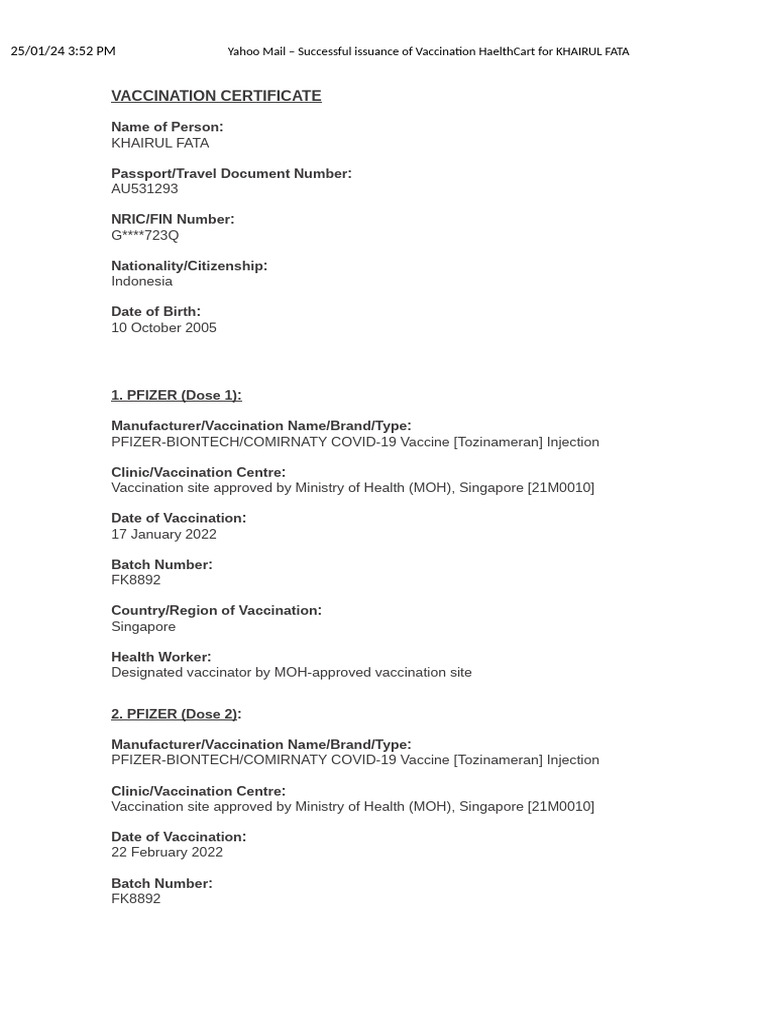 Vaccination Certificate SGP | PDF