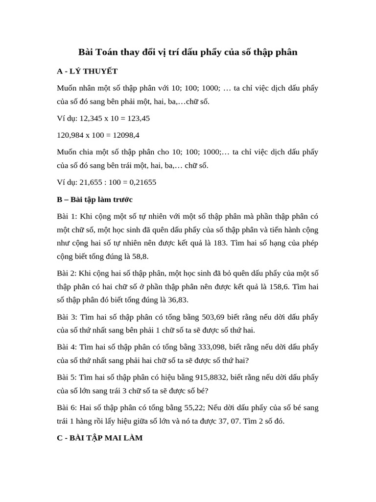 Bai Tap Toan Thay Doi VI Tri Dau Phay Cua So Thap Phan | PDF