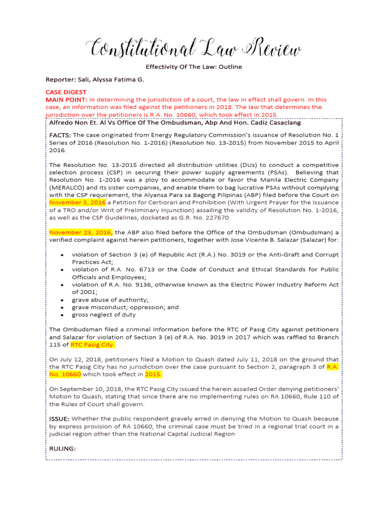 Effectivity of The Law Outline | PDF