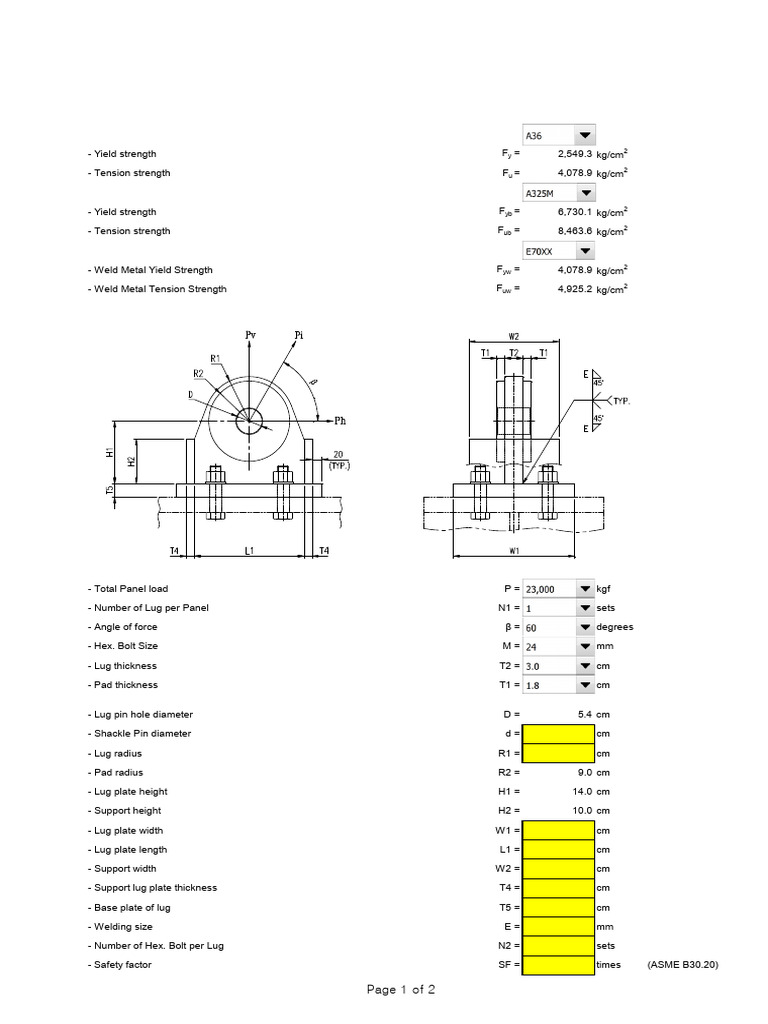 Lifting Lug Calculation ASME B30 - 20 - Ver-1.0 (23.0ton) | PDF | Screw | Bending