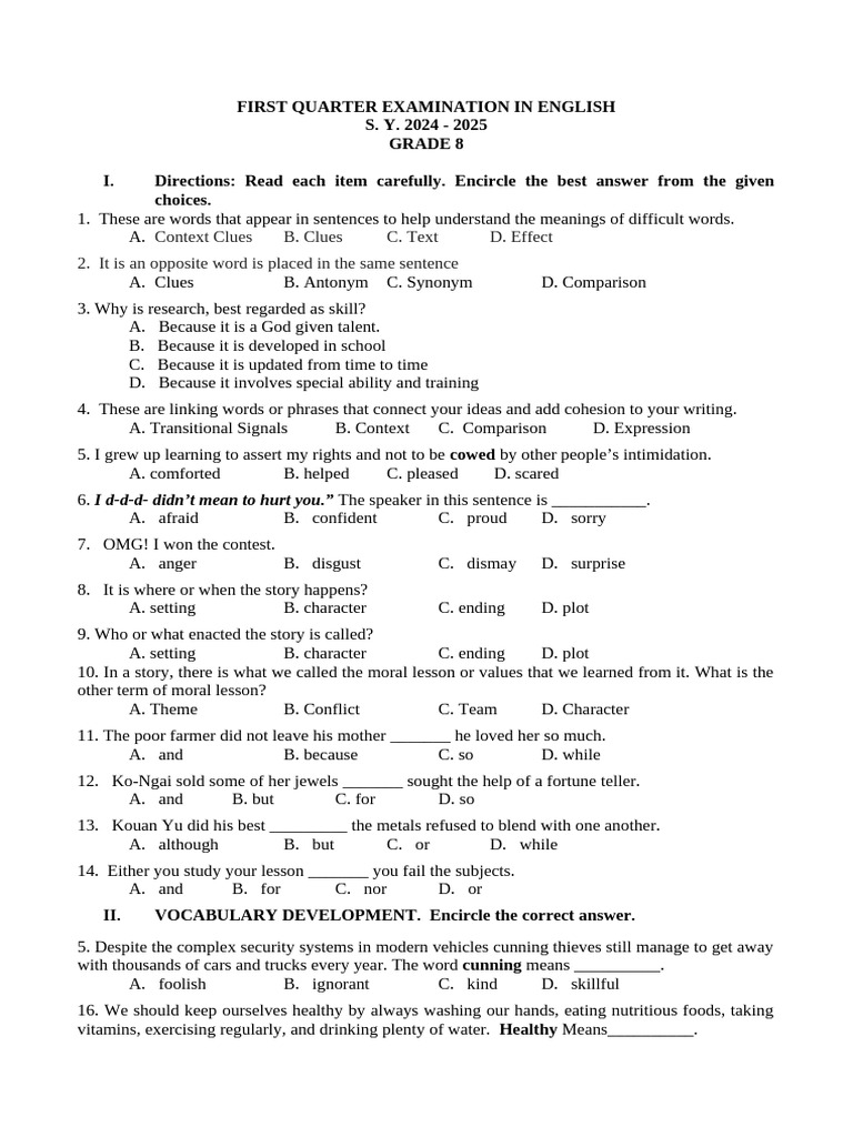 1st Quarter Exam. G-8 English | PDF