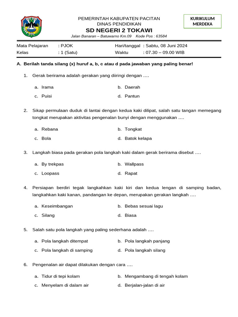 Soal Sas Pjok KLS 1 Kumer | PDF