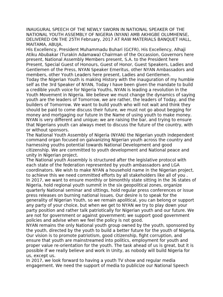 Inaugural Speech of the Newly Sworn in National Speaker of the National Youth Assembly of ...