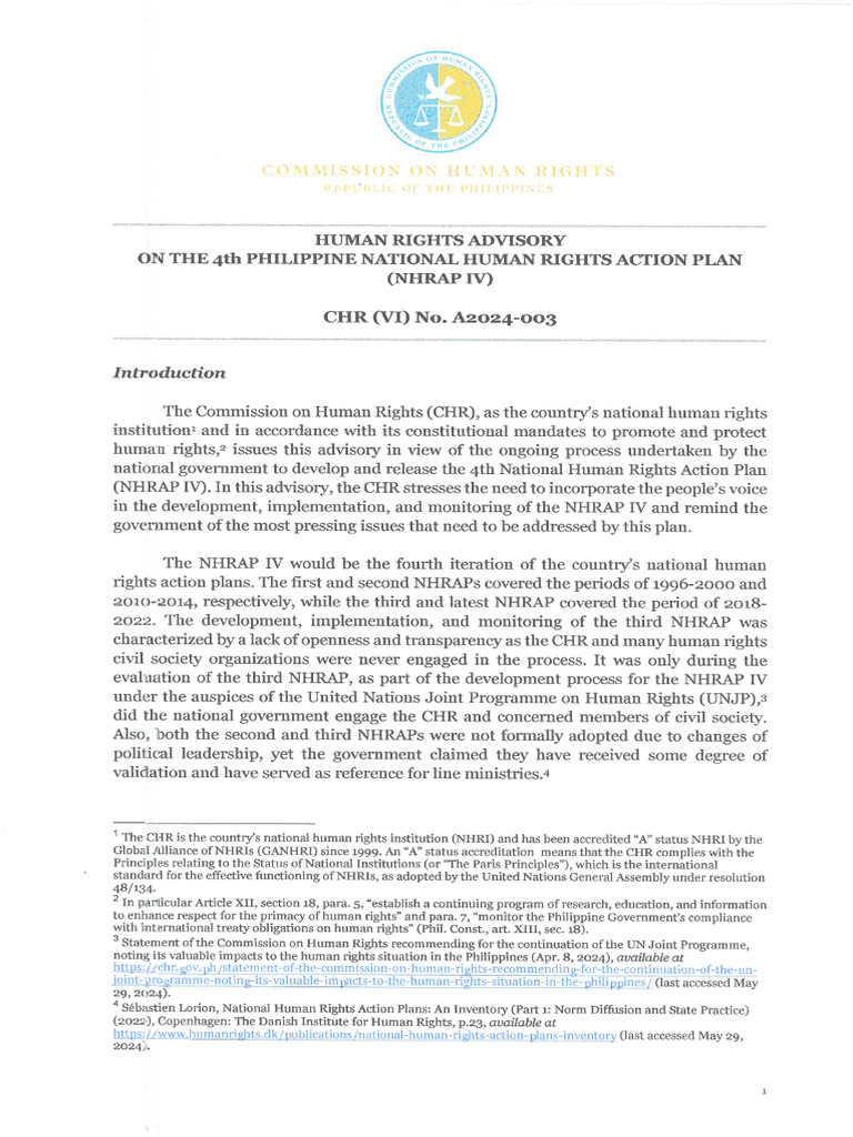 CHR (VI) A2024-003 Human Rights Advisory On The 4th Philippine National ...