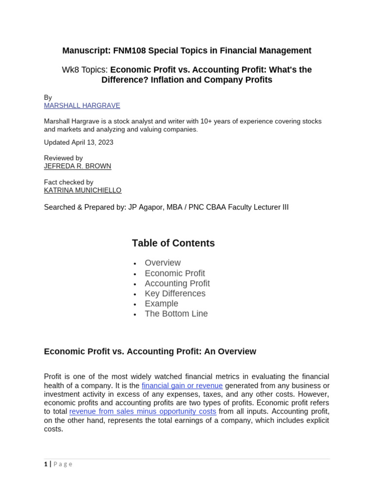Economic vs. Accounting Profit Explained | PDF | Cost Of Living | Inflation
