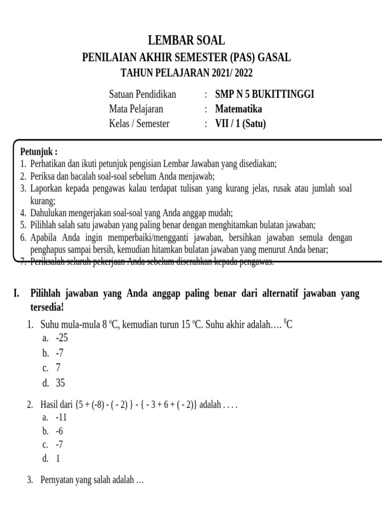 Soal PAS MTK Kelas 7 K13 Edit | PDF