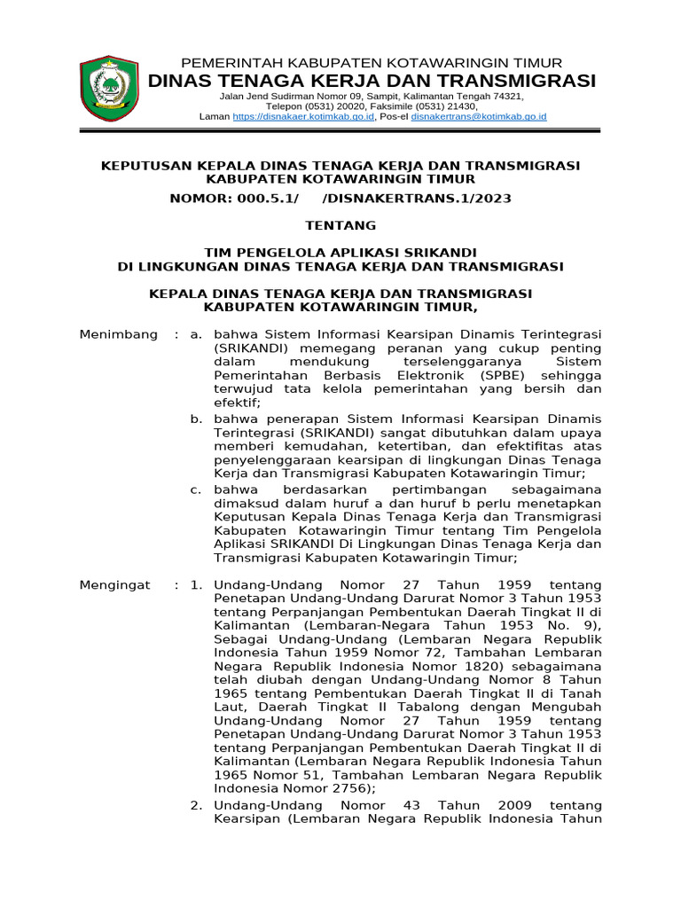Contoh Format SK Tim Pengelola Aplikasi SRIKANDI Pada OPD (TTD MANUAL ...