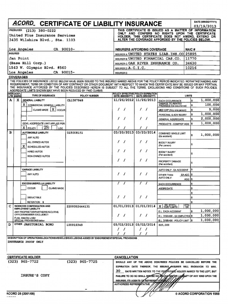 Jan Point Insurance Certificate | PDF