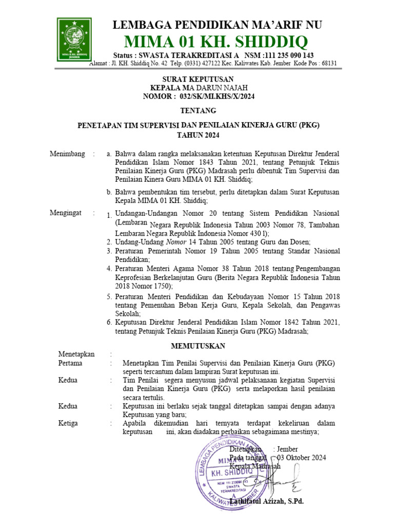 SK Tim & Jadwal Supervisi - PKG 2024 | PDF