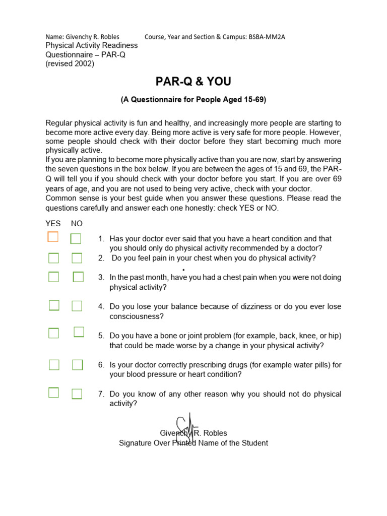 PAR Q Physical Activity Readiness To Be Signed by The Student | PDF