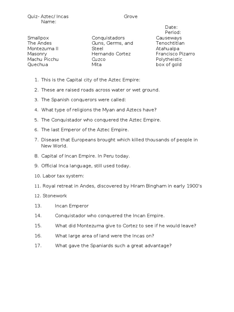 Aztec and Inca Quiz Worksheet | PDF | Aztec | Inca Empire