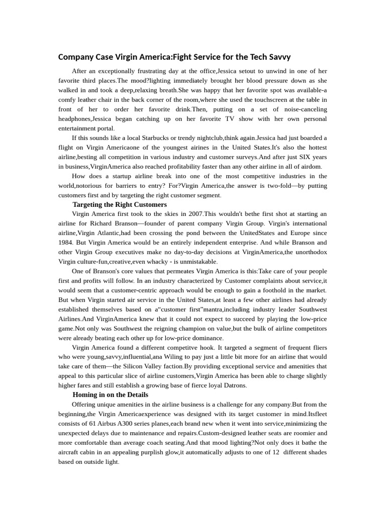 Company Case Virgin America Fight Service For The Tech Savvy | PDF ...