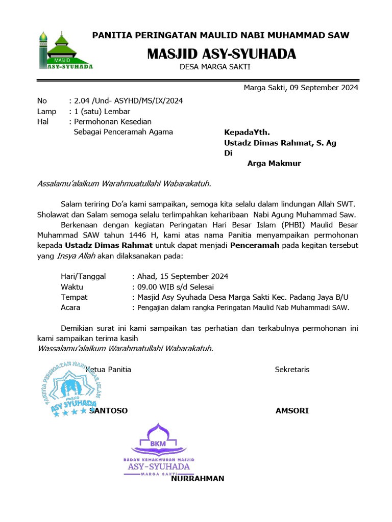 Permohonan Penceramah Maulid Nabi | PDF