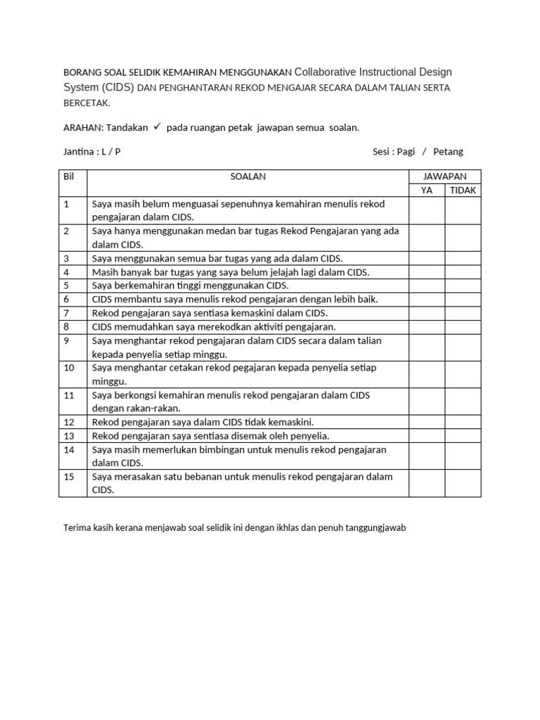 BORANG SOAL SELIDIK KEMAHIRAN MENGGUNAKAN Collaborative Instructional Design System | PDF
