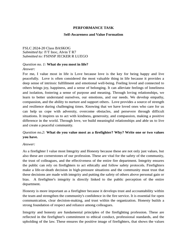 PERFORMANCE TASK Self-Awareness | PDF | Compassion | Career & Growth