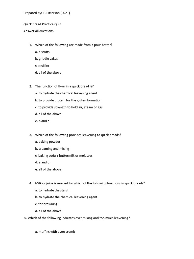 Quick Bread Practice Quiz | PDF | Breads | Dough