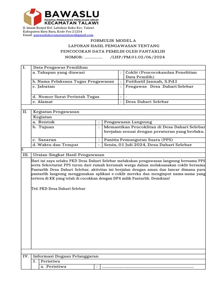 LHP 01 Juli 2024 Dahari Selebar | PDF