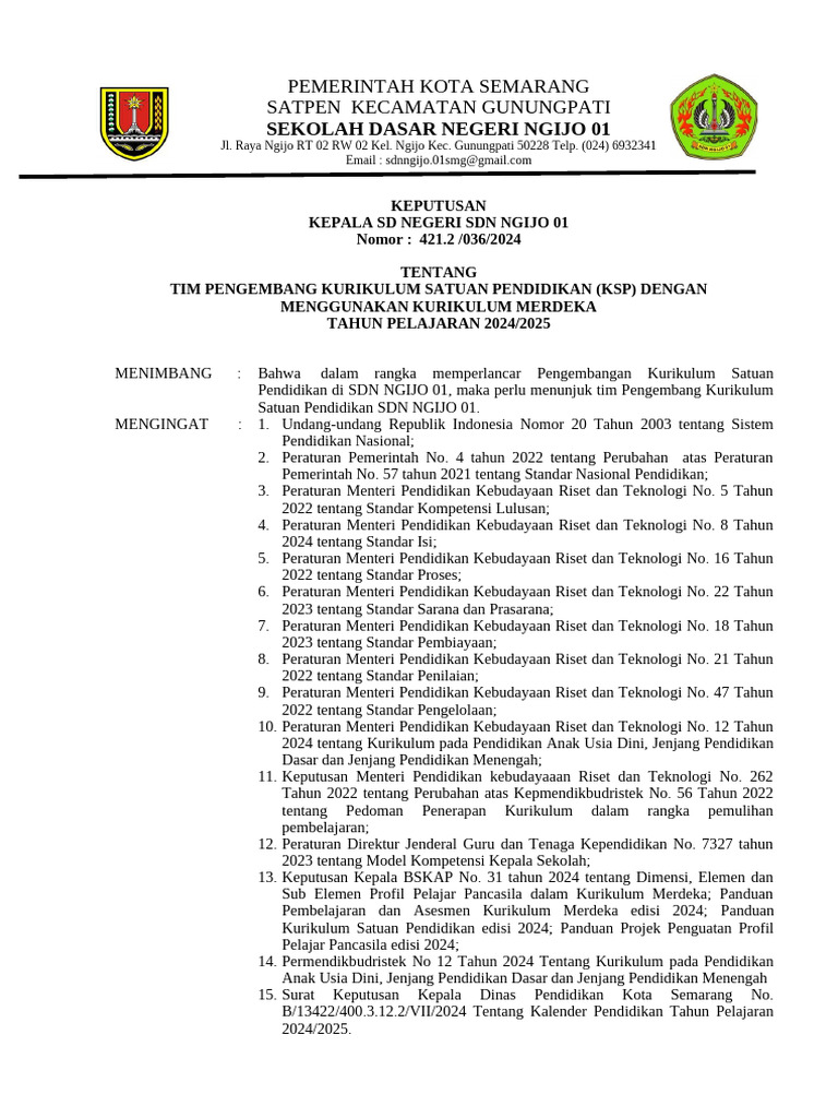 SK PENETAPAN Tim Penyusun Kurikulum 2024-2025 | PDF
