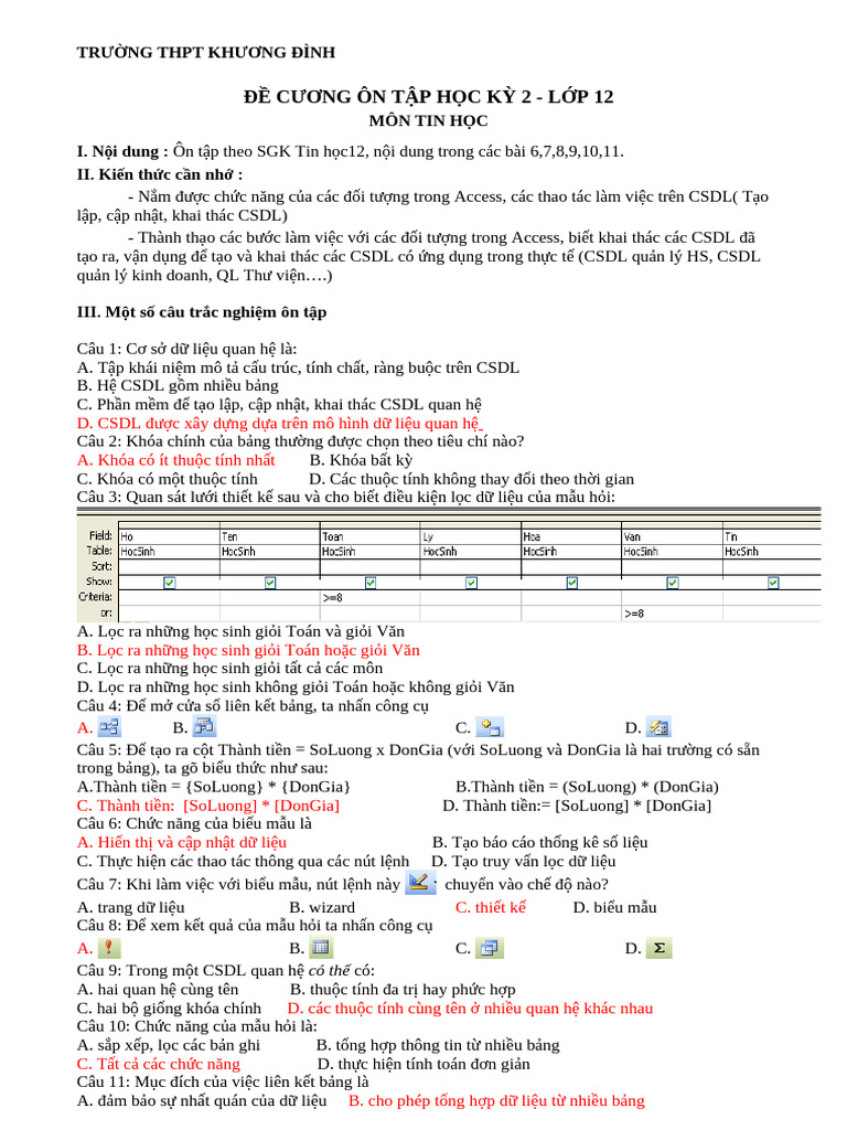 Câu Hỏi Ôn Tập Tin Học 12 Cuối Học Kì II - Gui HS | PDF