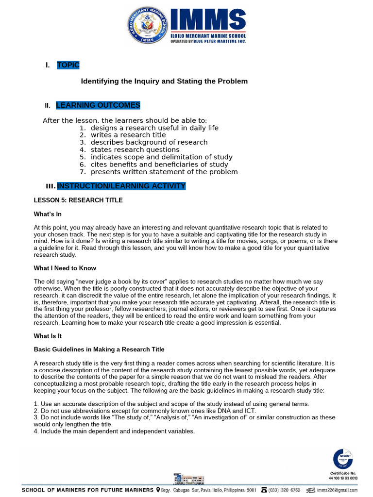 Topic 5 - Research Title | PDF