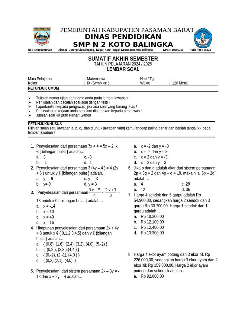 Soal Matematika Kelas Ix | PDF