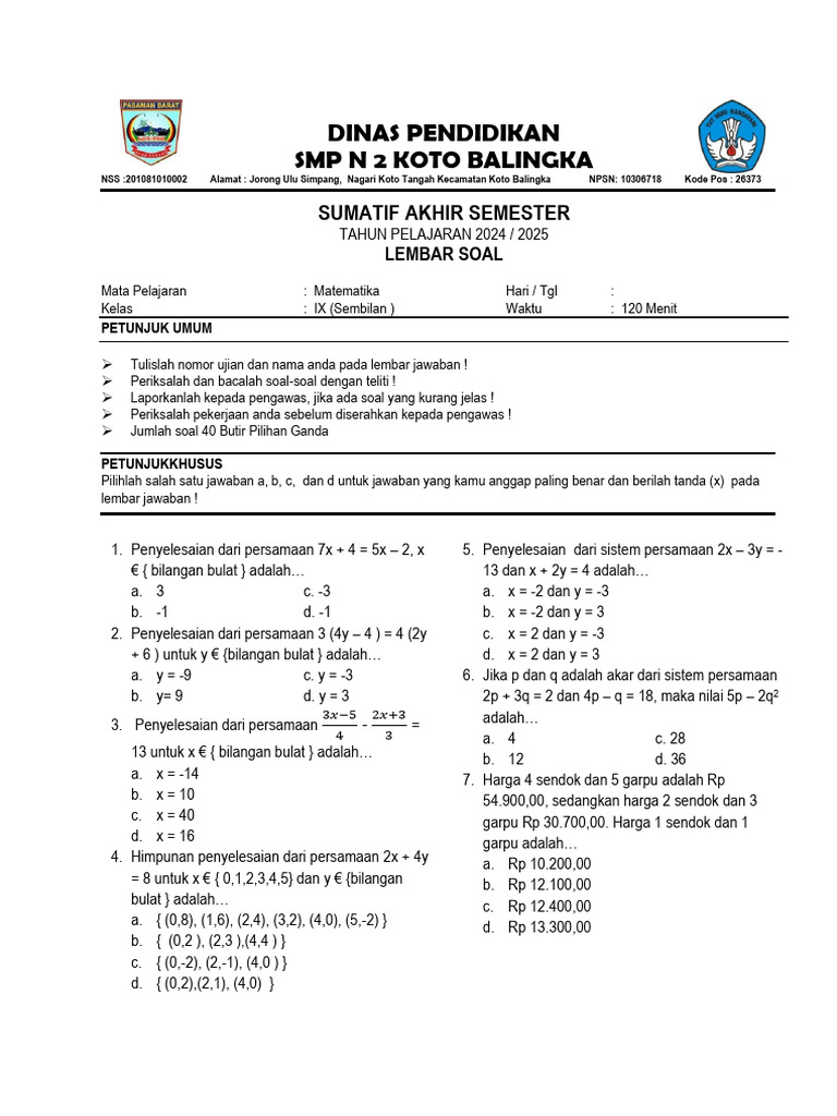 Soal Matematika Kelas Ix | PDF