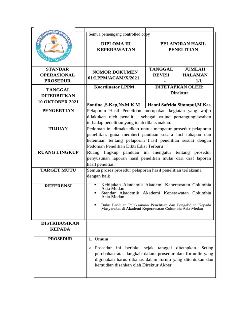 SOP PELAPORAN HASIL PENELITIAN | PDF