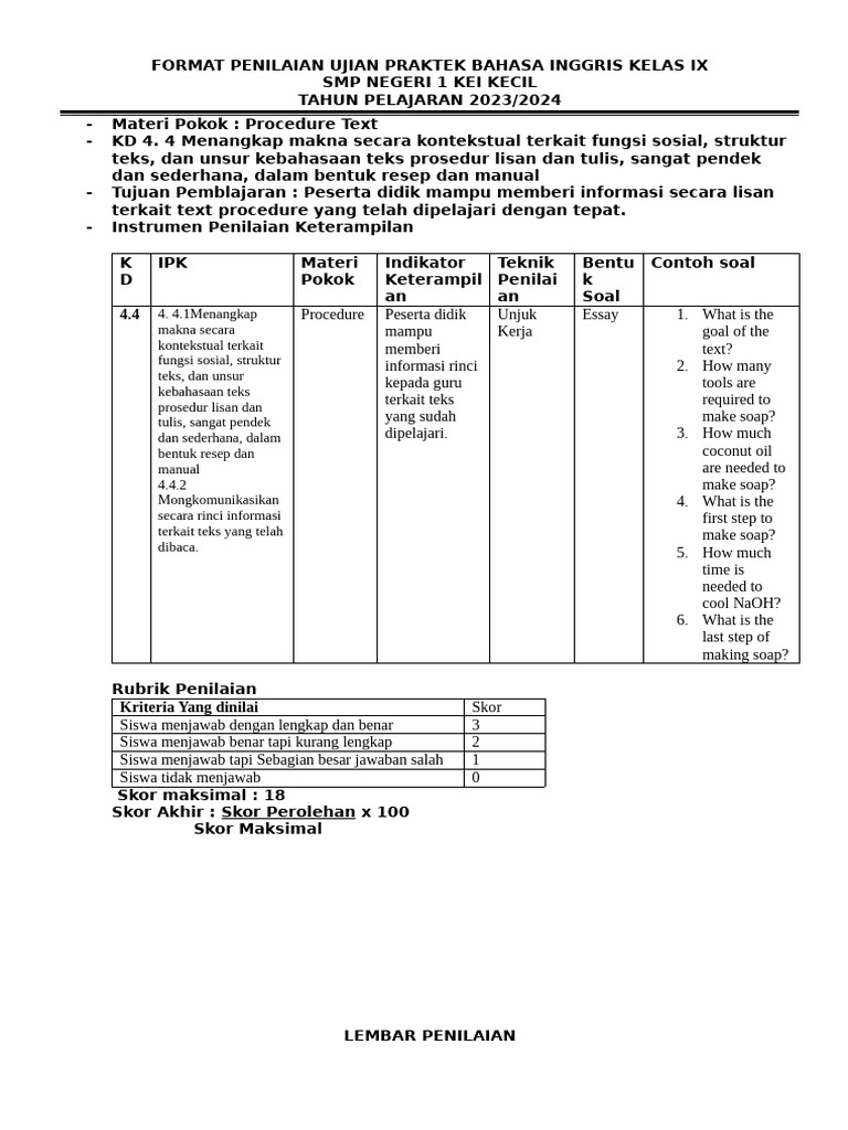 Format Penilaian Ujian Praktek Bahasa Inggris Kelas Ix | PDF