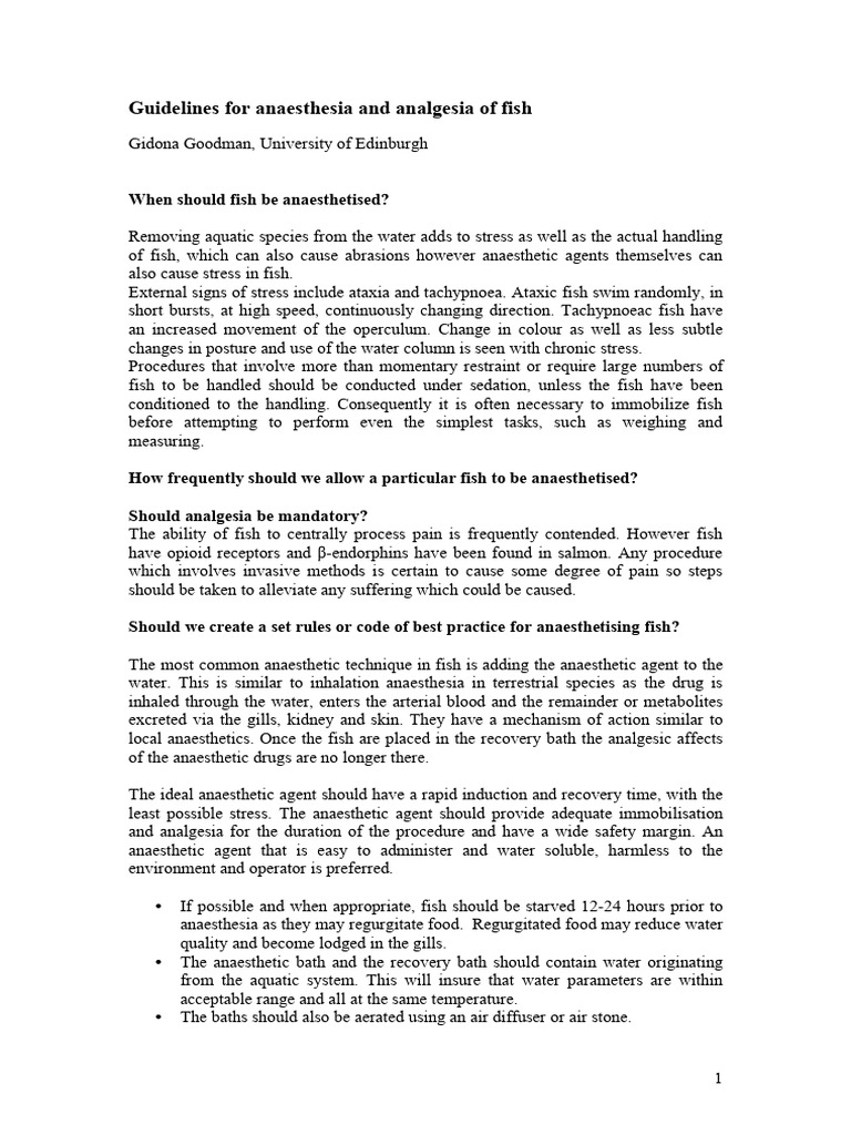 Guidelines For Anaesthesia and Analgesia of Fish | PDF
