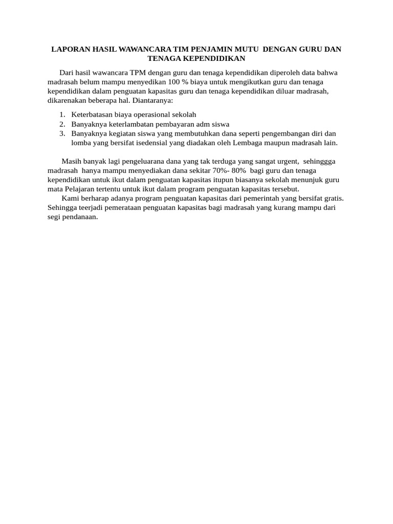 Laporan Hasil Wawancara Tim Penjamin Mutu Dengan Guru Dan Tenaga Kependidikan | PDF