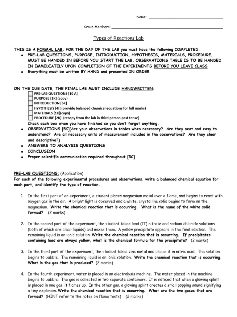Types of Reactions Lab | PDF