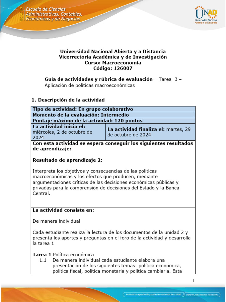 Guía de Actividades y Rúbrica de Evaluación - Unidad 2 - Tarea 3 - Políticas Macroeconómicas El ...