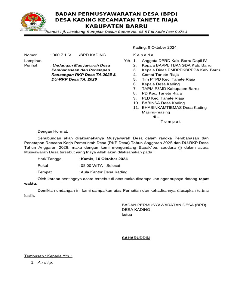 Undangan Musdes Pembahasan Dan Penetapan Rancangan RKP Desa Dan Du-Rkp ...