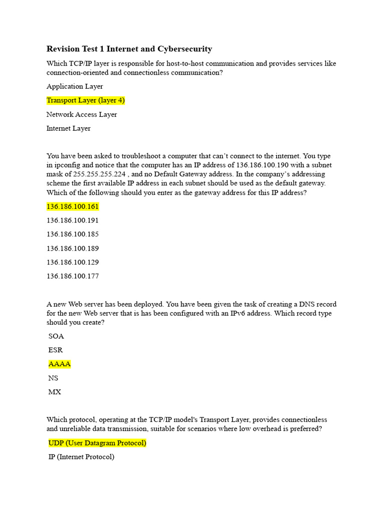 Revision Test 1 Internet and Cybersecurity | PDF