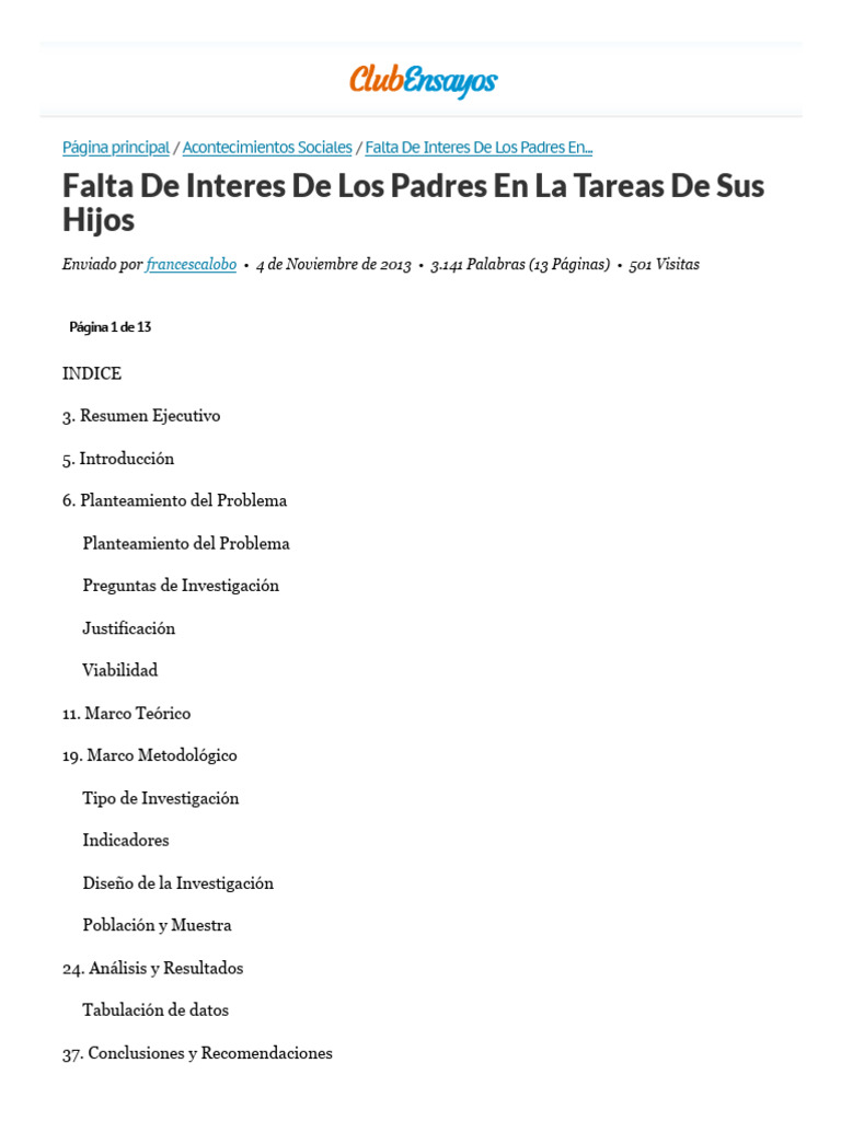 Falta de Interes de Los Padres en La Tareas de Sus Hijos - Informe de ...