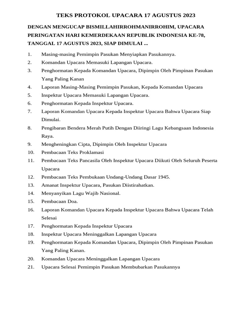 Contoh Teks Protokol Upacara 17 Agustus | PDF