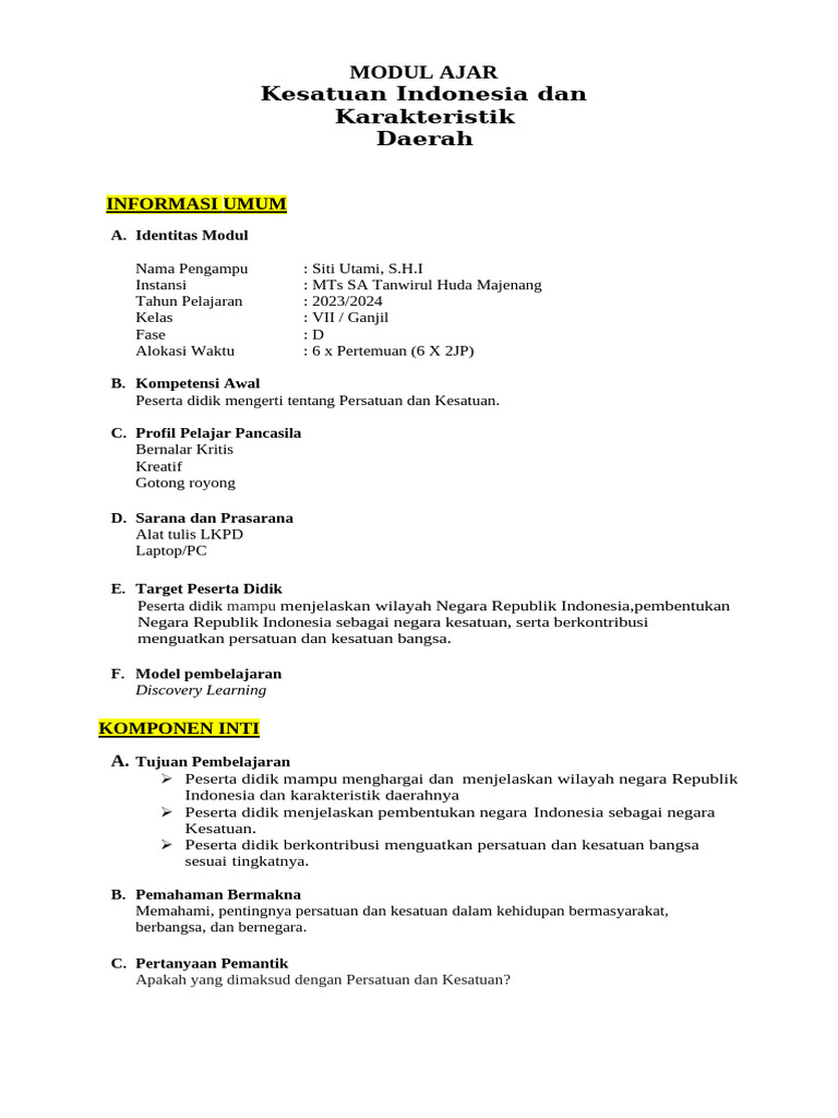 MODUL AJAR Pend Pancasila Bab III Kls 7 | PDF