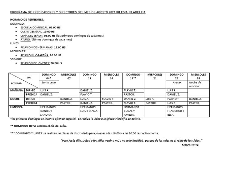formato rol de actividades iglesia | PDF