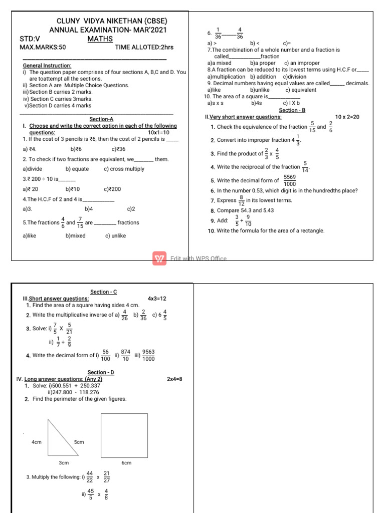 Grade V Annual MATHS QP | PDF