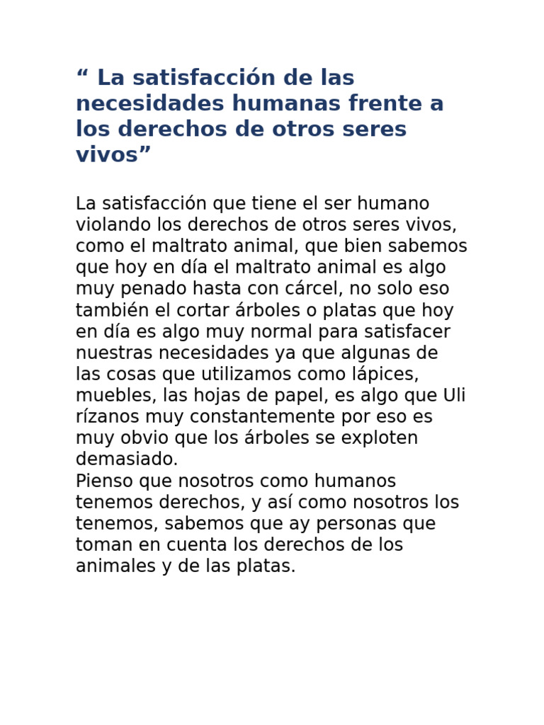 La Satisfacción de Las Necesidades Humanas Frente A Los Derechos de Otros Seres Vivos | PDF