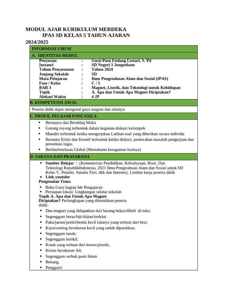 MODUL AJAR KURIKULUM MERDEKA IPAS SD KELAS 5 MAGNET | PDF