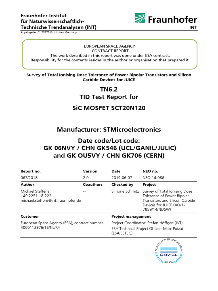 D6-2 - TN6.02 - SEE MOSFET SCT20N120 - NEO-14-086 - Report - 67-2018 - Rev2.0 | PDF